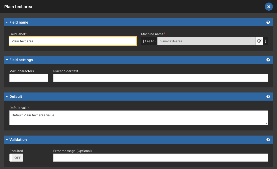 Plain text area | Acquia Cohesion Docs